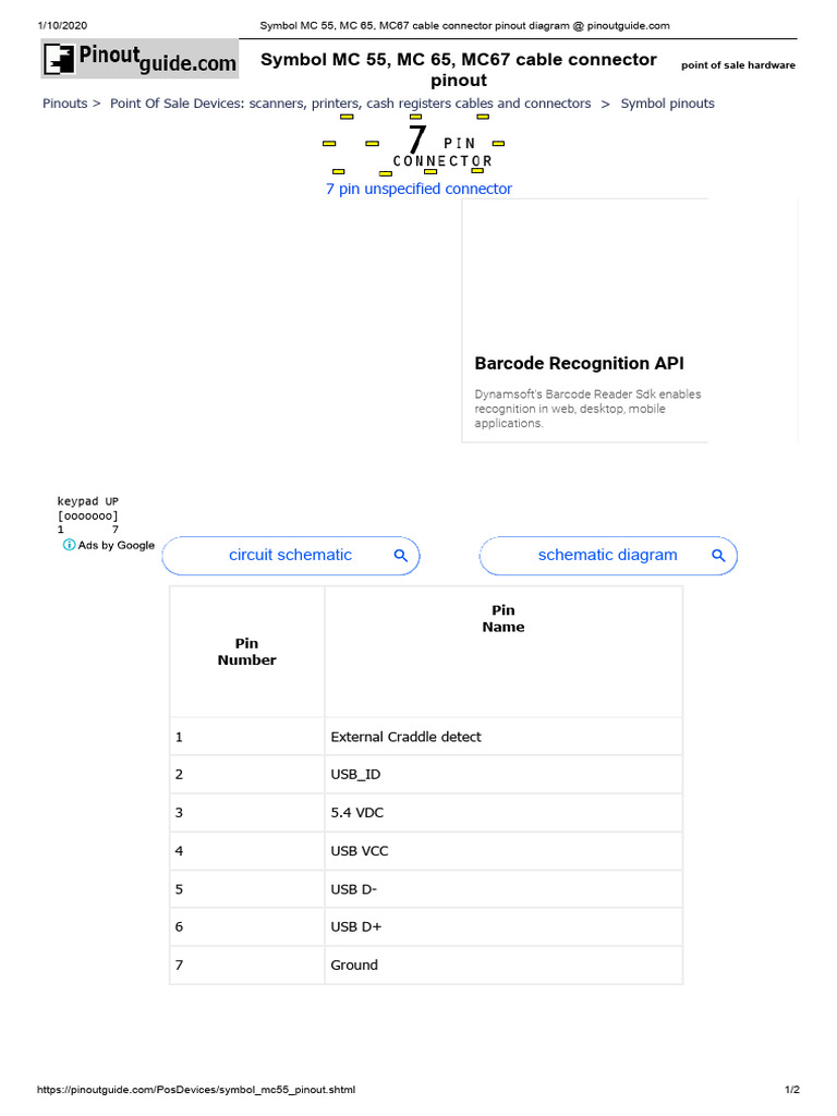 Symbol MC 55, MC 65, MC67 Cable Connector Pinout Diagram | PDF