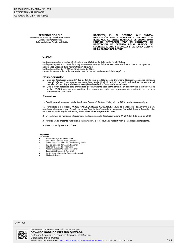 Rectificación Resolución Exenta N° 269 | PDF | Gobierno | Justicia