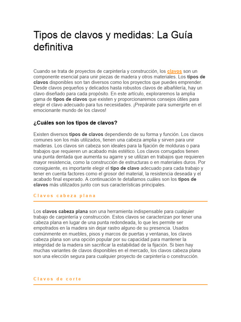 Tipos de Clavos y Medidas | PDF | Lentes | Carpintería