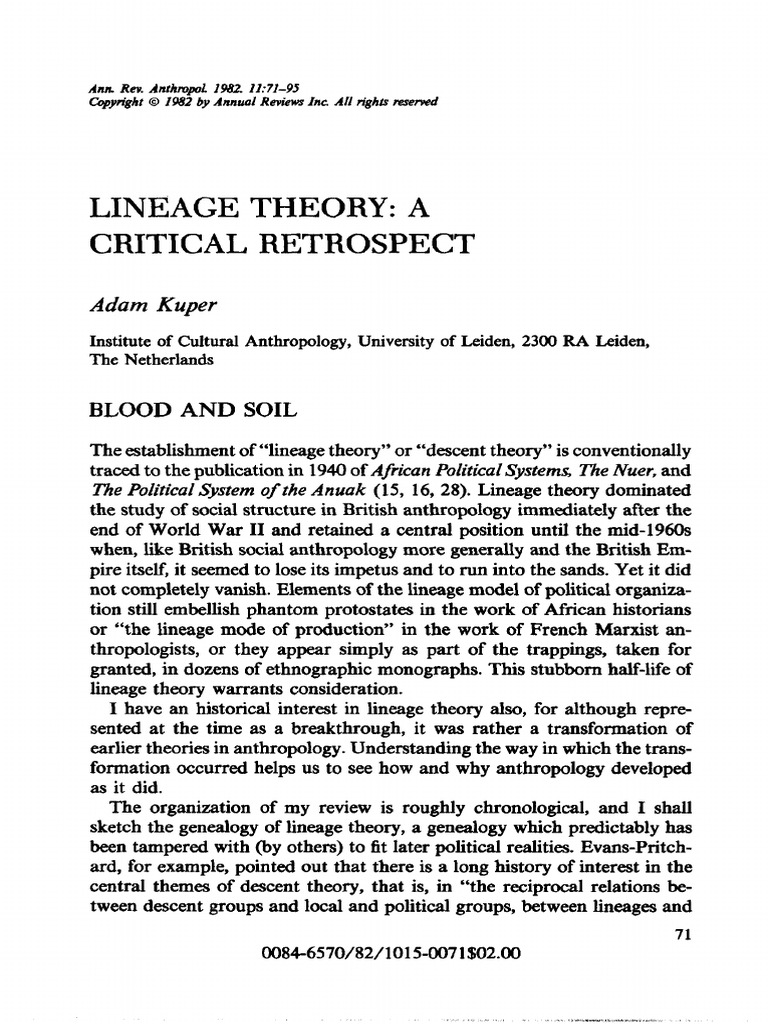 Texto Apoio 3 Kuper Lineage Theory in Annual Rev Anthrop | PDF | Kinship