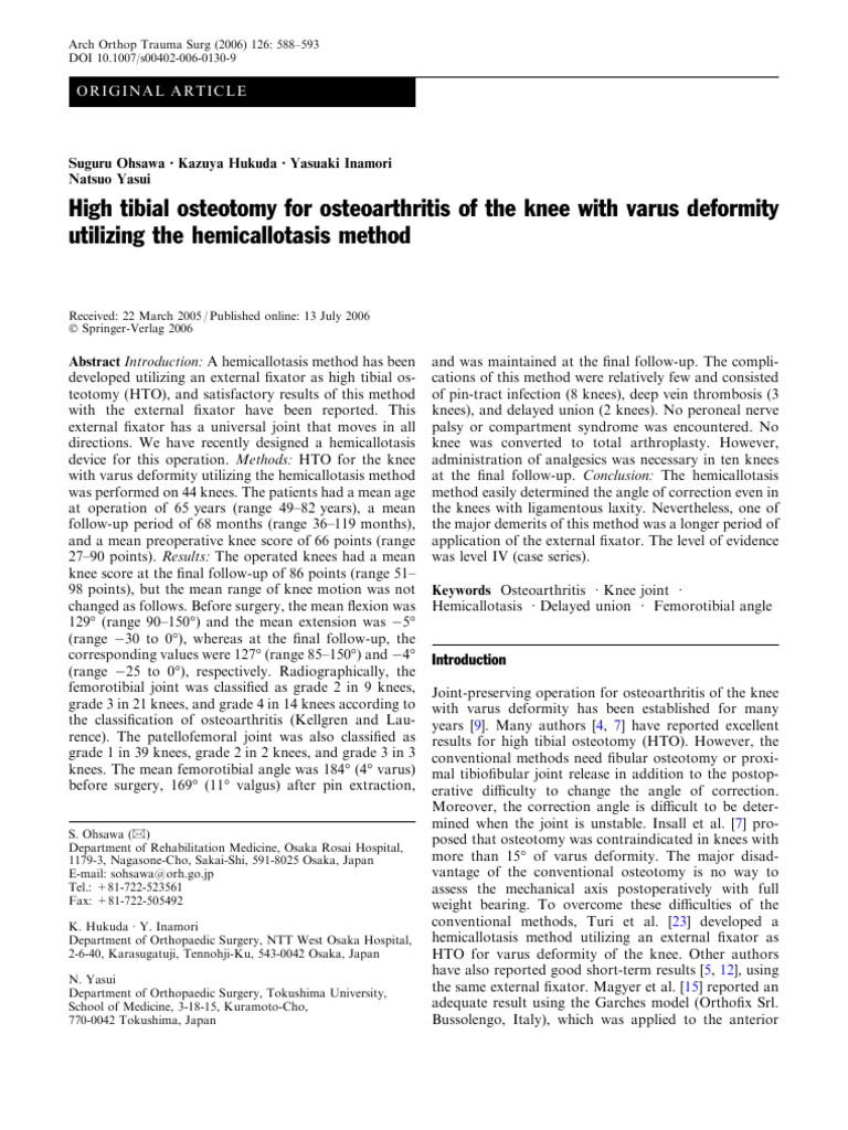High Tibial Osteotomy For Osteoarthritis of The Knee | PDF | Knee ...