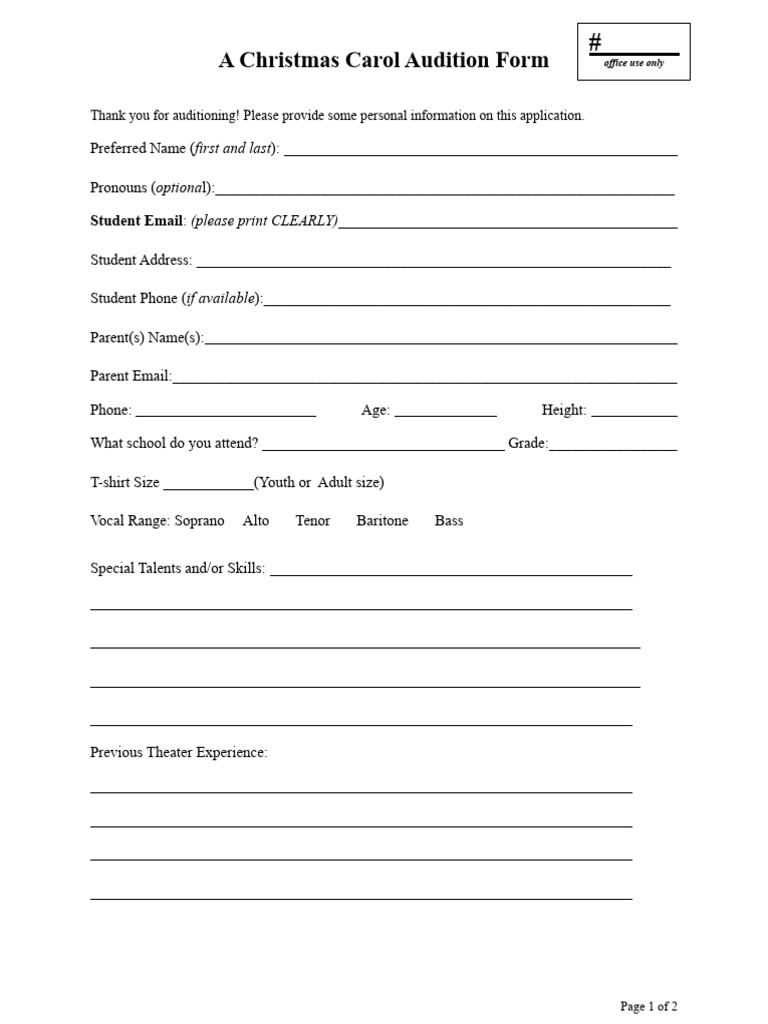A Christmas Carol Audition Form | PDF | Music Performance | Vocal Music