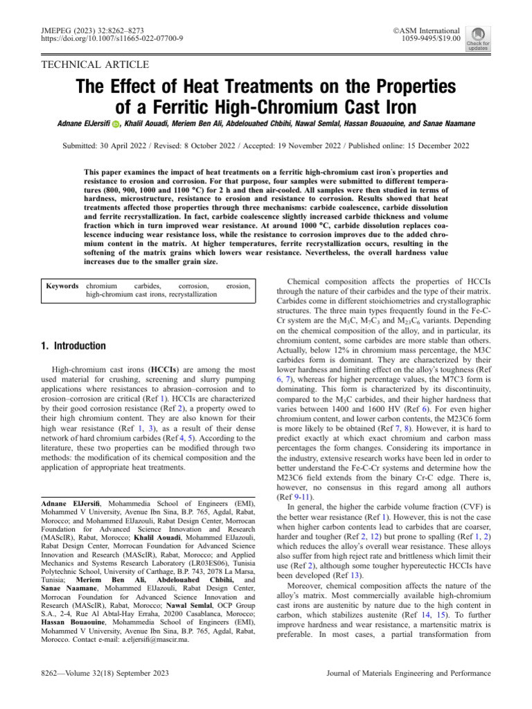 The Effect of Heat Treatments On The Properties of A Ferritic High-Chromium Cast Iron | PDF
