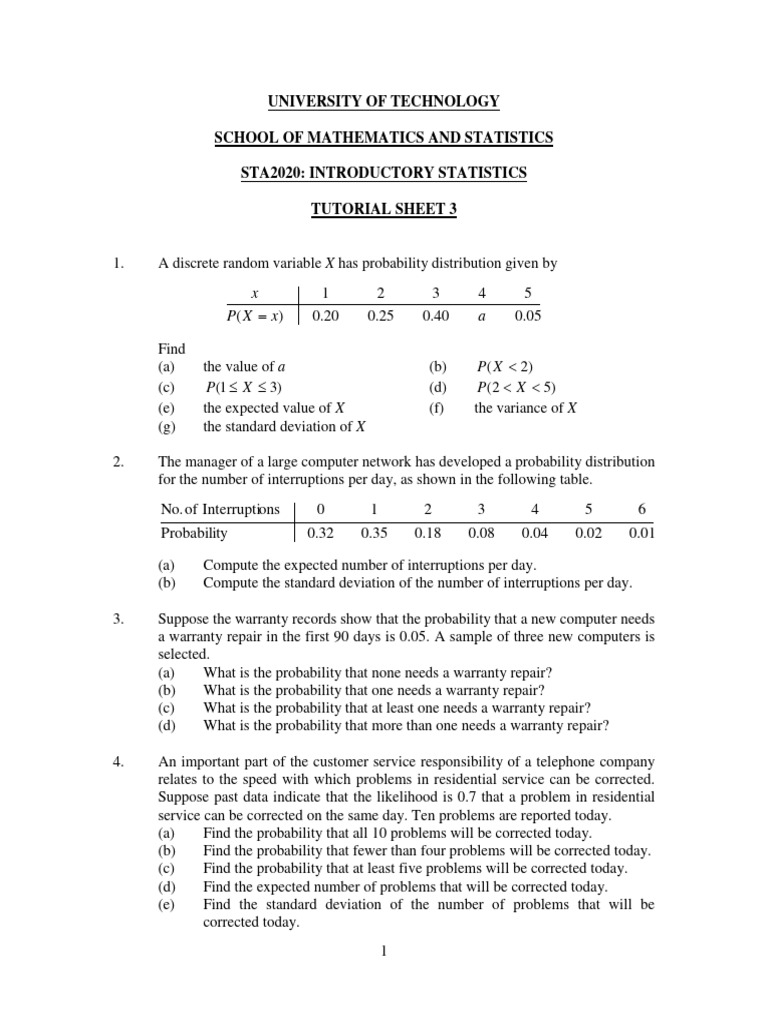 Sta2020 Tutorial Sheet 4 | PDF