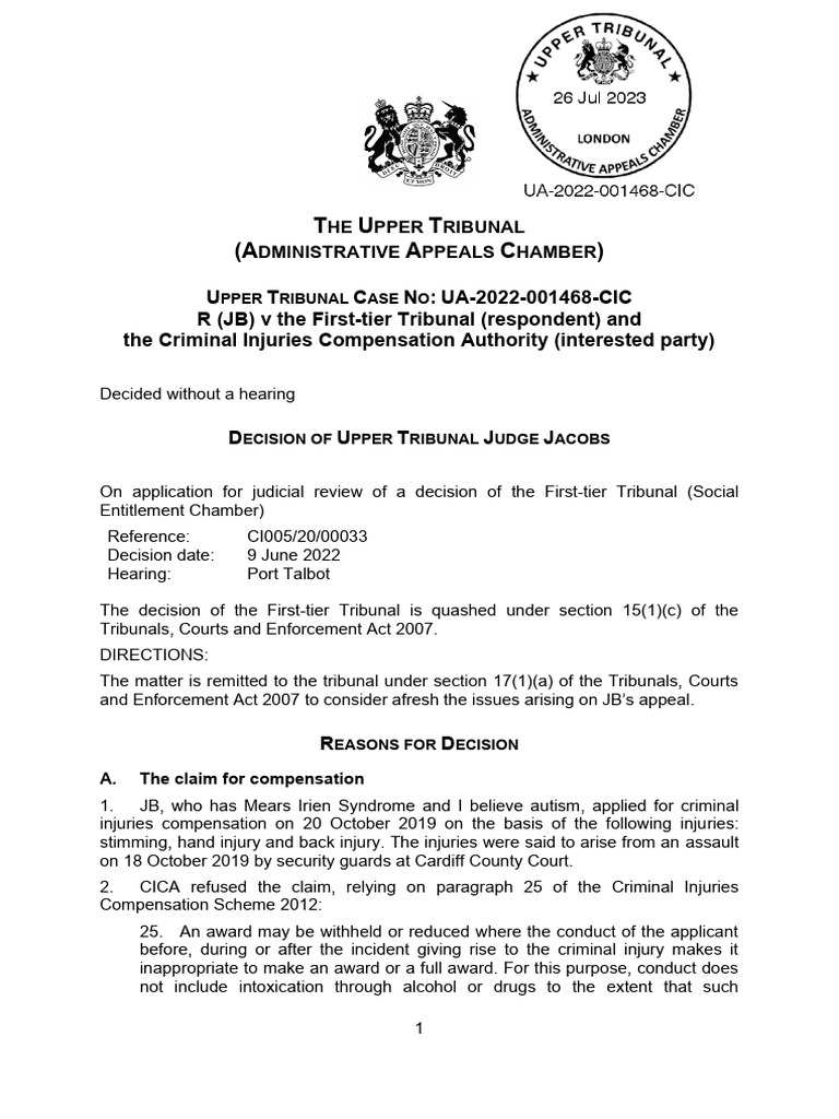 R (On The Application of Jonathan Bishop) V Criminal Injuries ...