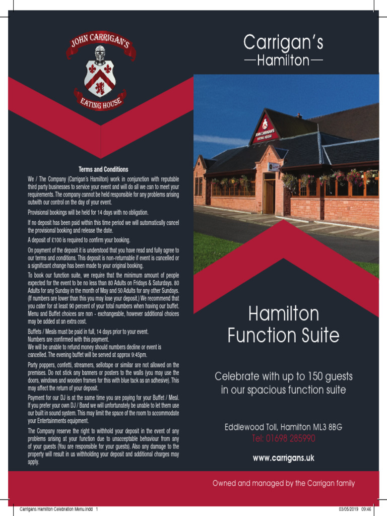 Carrigans Hamilton Celebration Menu | PDF | Cuisine | Foods