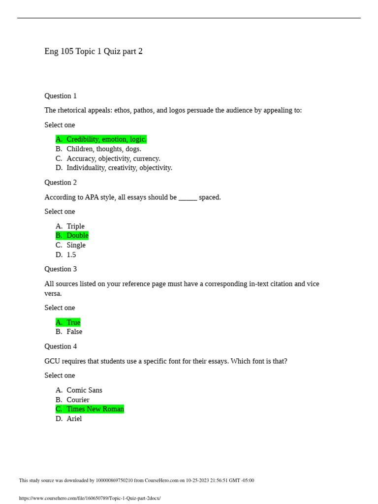 Topic 1 Quiz Part 2 | PDF