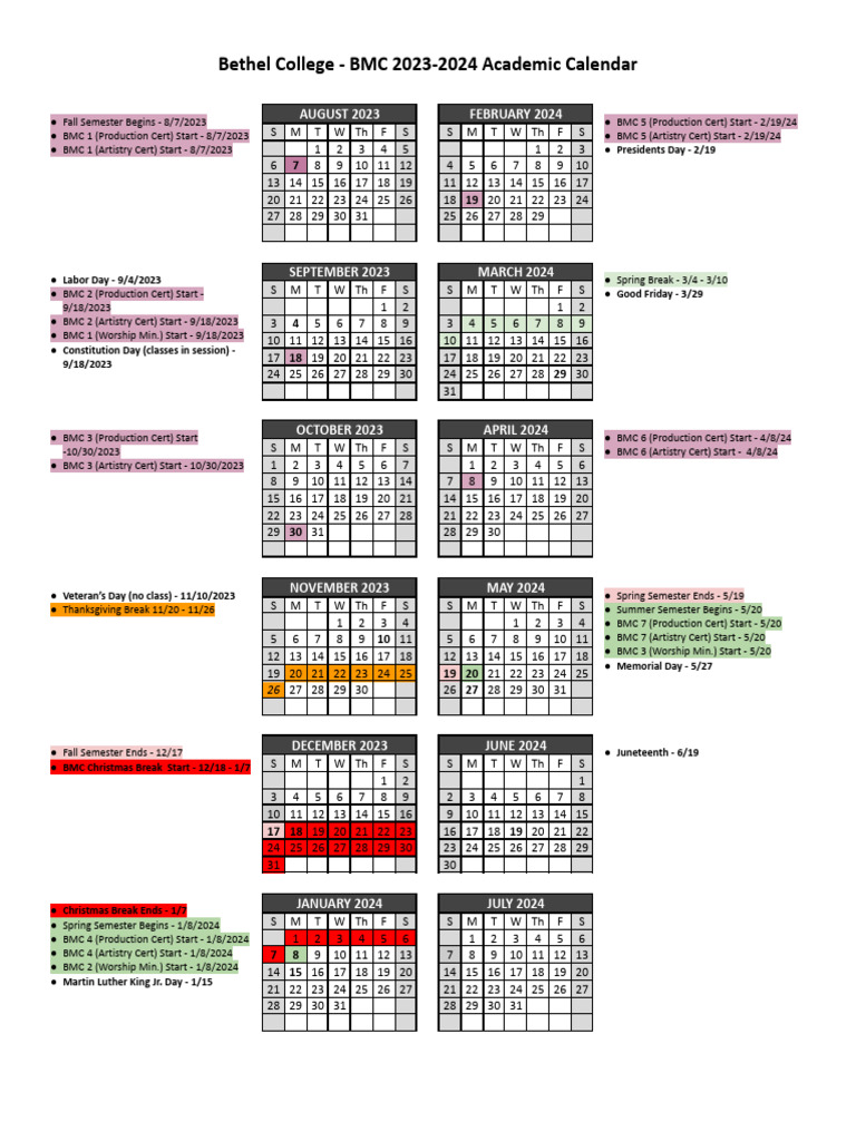 BMC 2023-2024 Academic Calendar | PDF | Academic Term | Academia