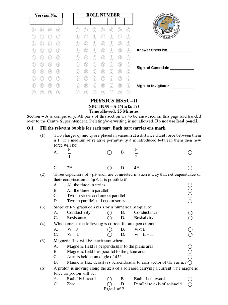 Final Model Paper Physics HSSC-II Revised | PDF | Series And Parallel Circuits | Electrical ...