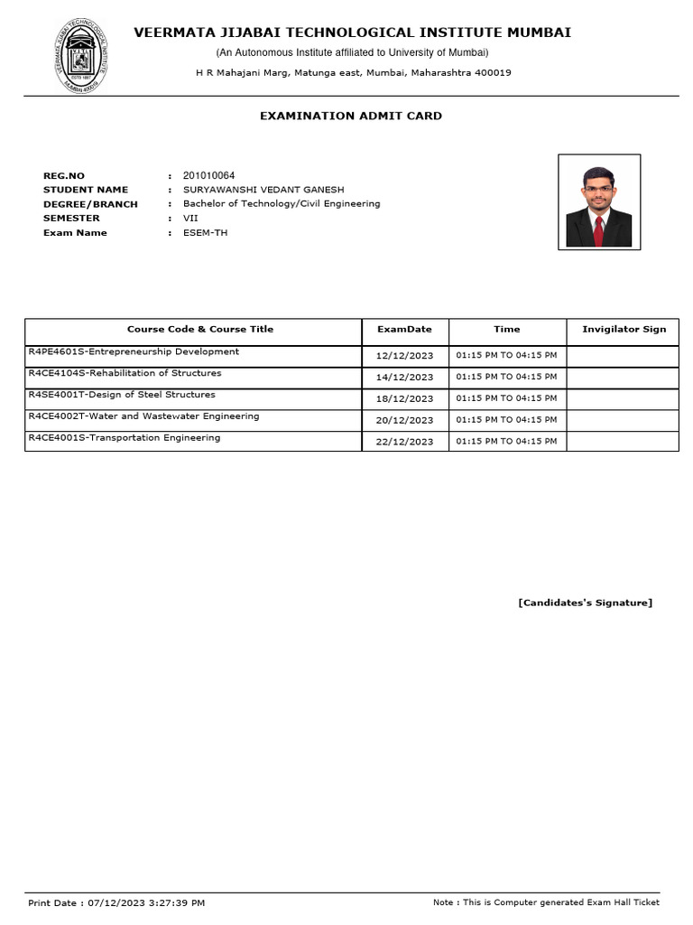 Vedant - Admit Card - Ese - Final | PDF
