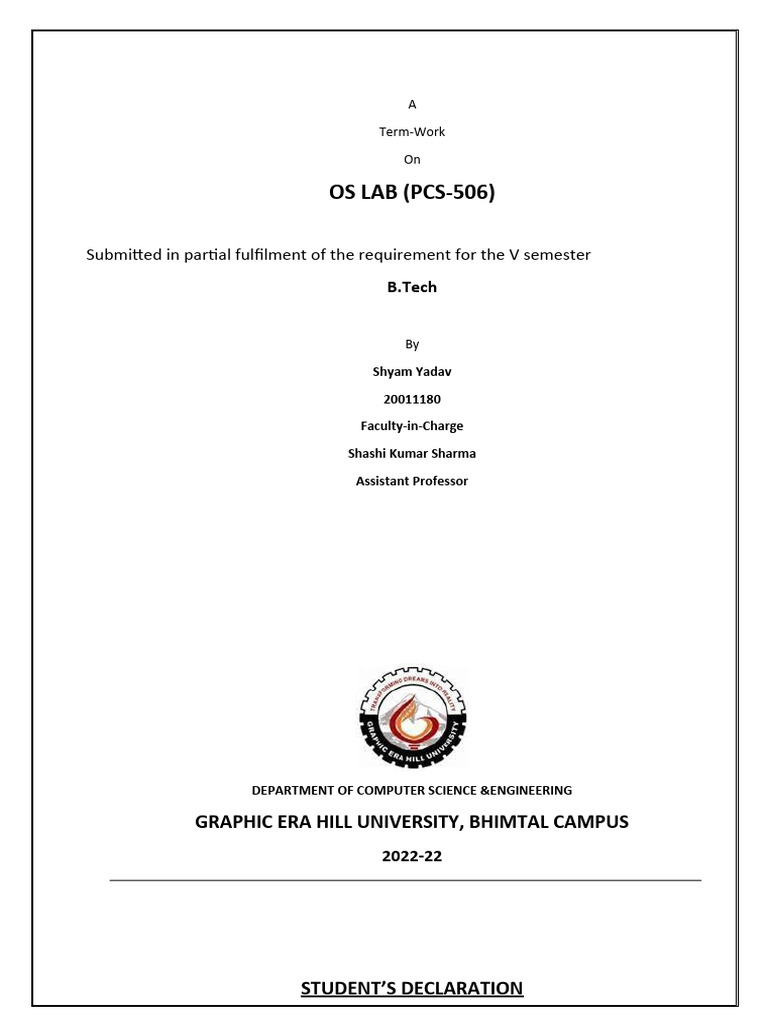 OS LAB (PCS-506) : Submitted in Partial Fulfilment of The Requirement For The V Semester | PDF ...