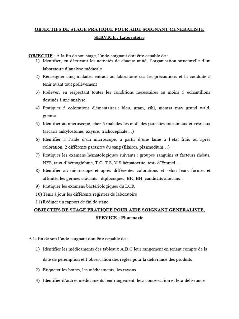 Objectifs de Stage Pratique Pour Aide Soignant Generaliste Service | PDF