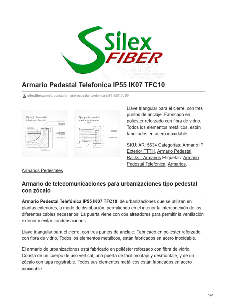 Armario Pedestal Telefonica IP55 IK07 TFC10 | PDF | Fibra óptica | Lentes