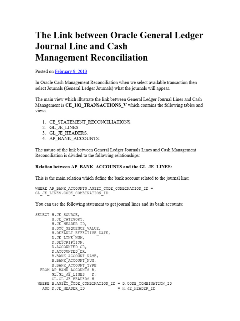 The Link Between Oracle General Ledger Journal Line and Cash Management ...
