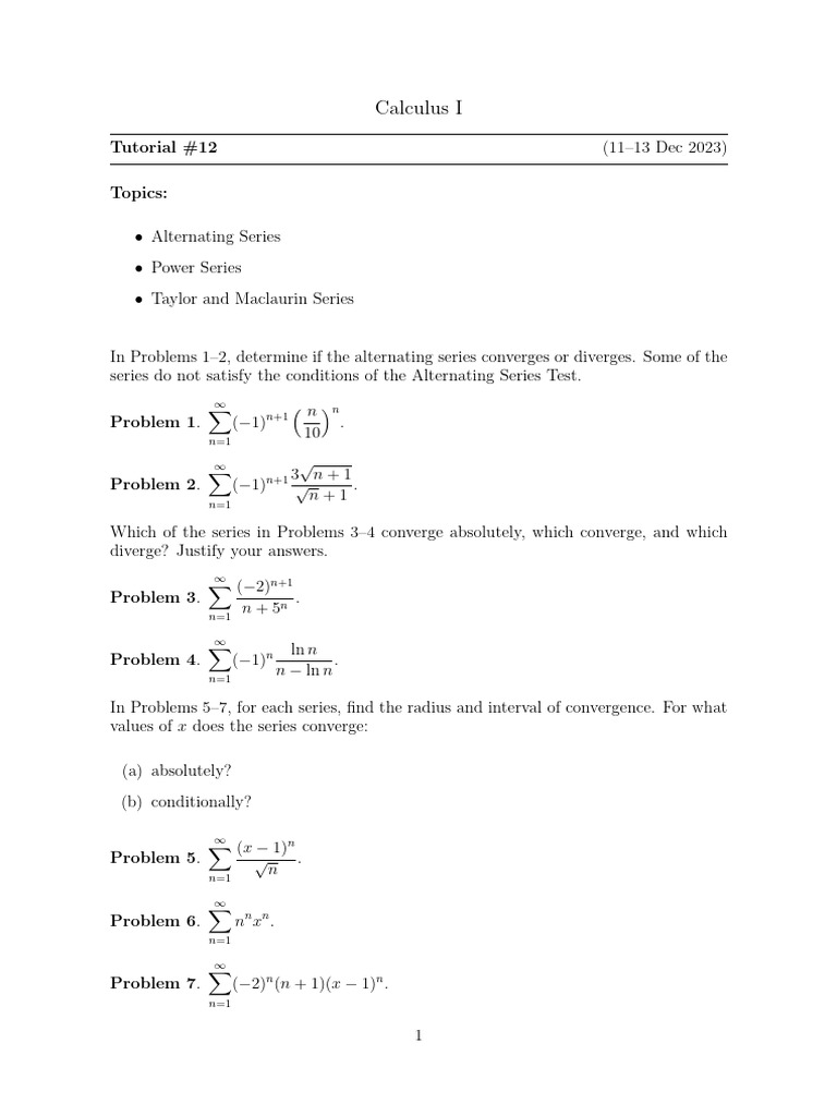 Calculus I - Tutorial #12 | PDF | Power Series | Real Analysis