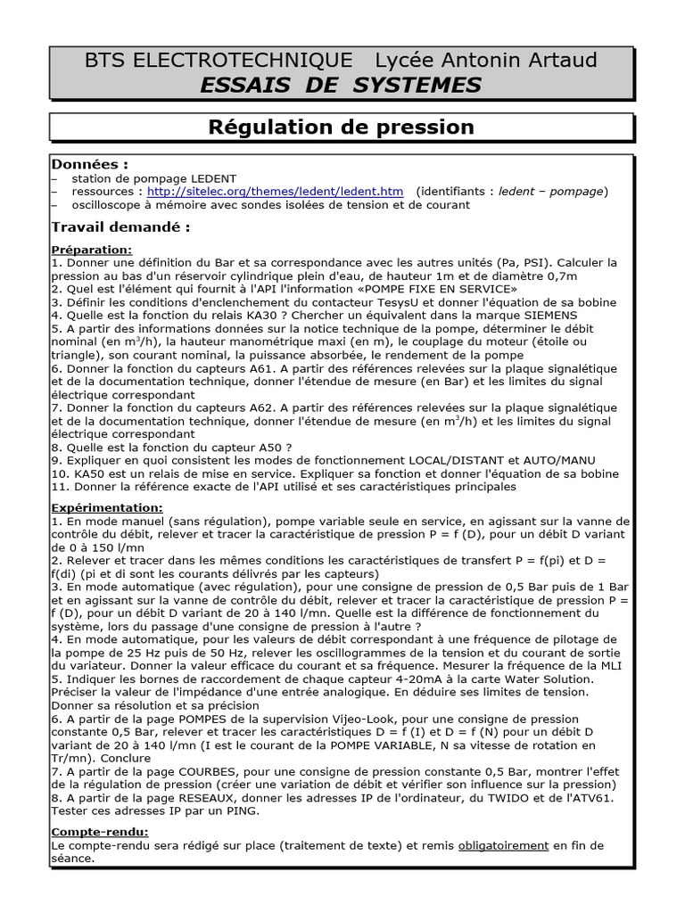 Essais de Systemes: Régulation de Pression | PDF | Pompe | Pression