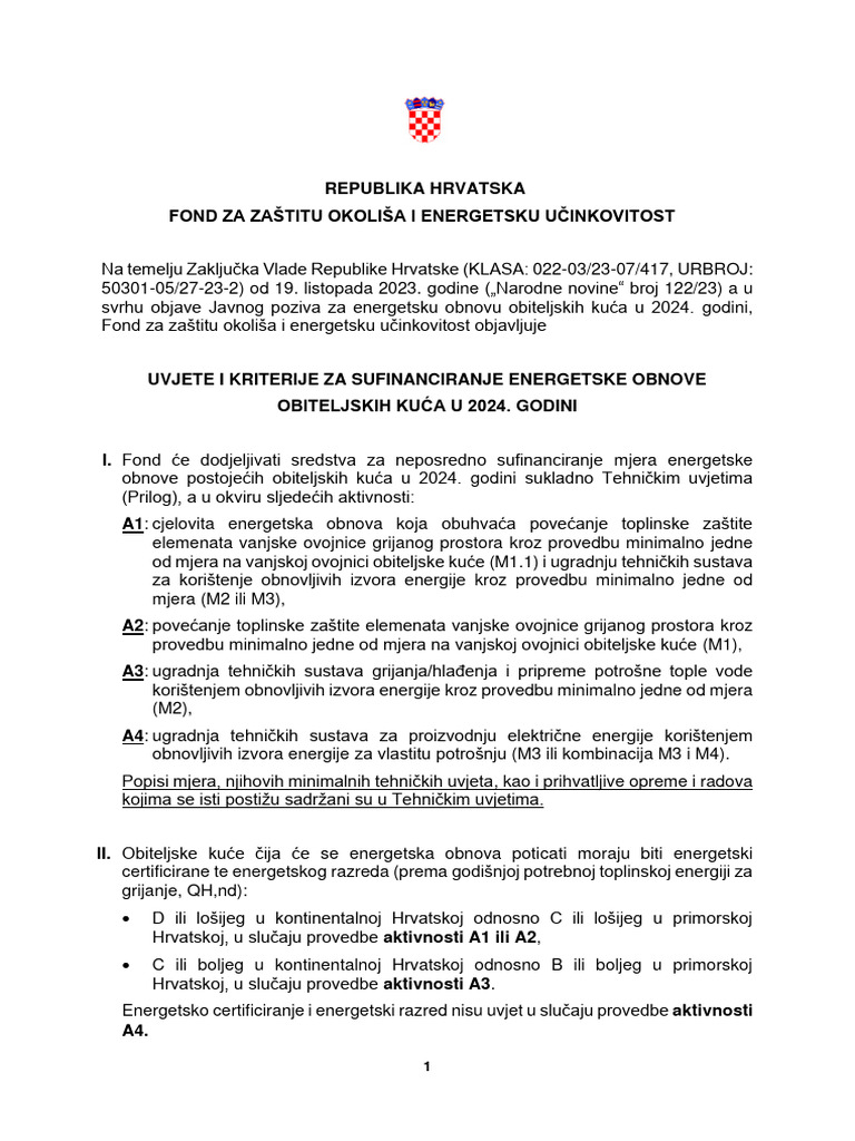 Uvjeti I Kriteriji - Energetska Obnova Obiteljskih Kuća 2024 | PDF