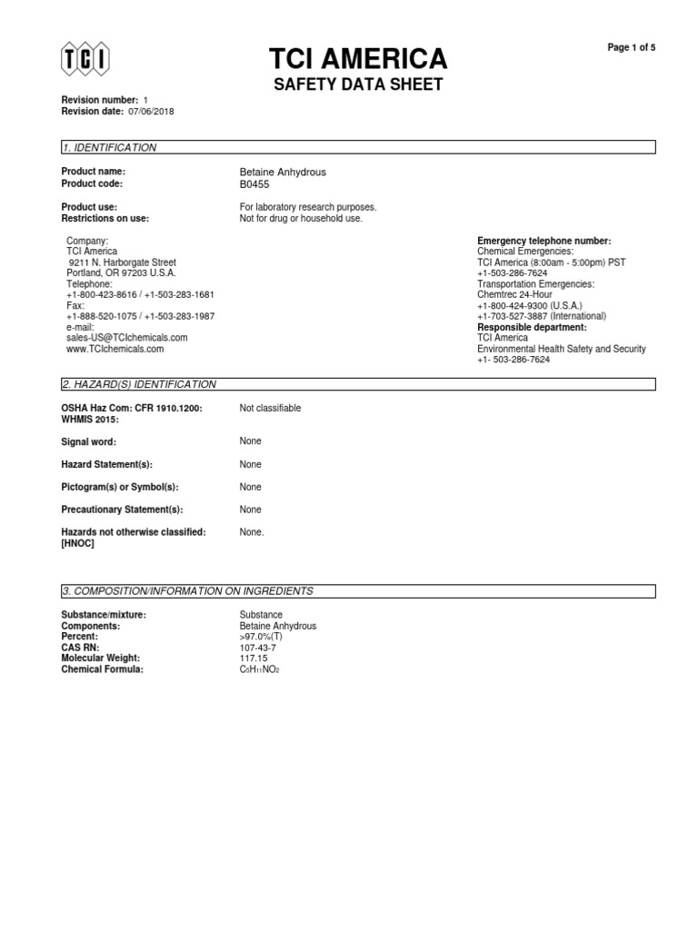 Tci America: Safety Data Sheet | PDF | Firefighting | Personal ...