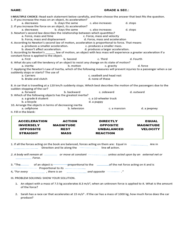Newton's Laws: Multiple Choice Quiz | PDF