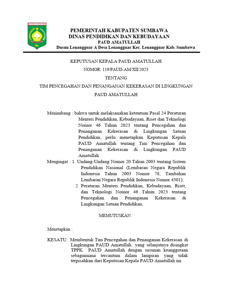 Format SK TIM Dan Lampiran Pencegahan Dan Penanganan Kekerasan Di Satuan Pendidikan Anak Usia ...