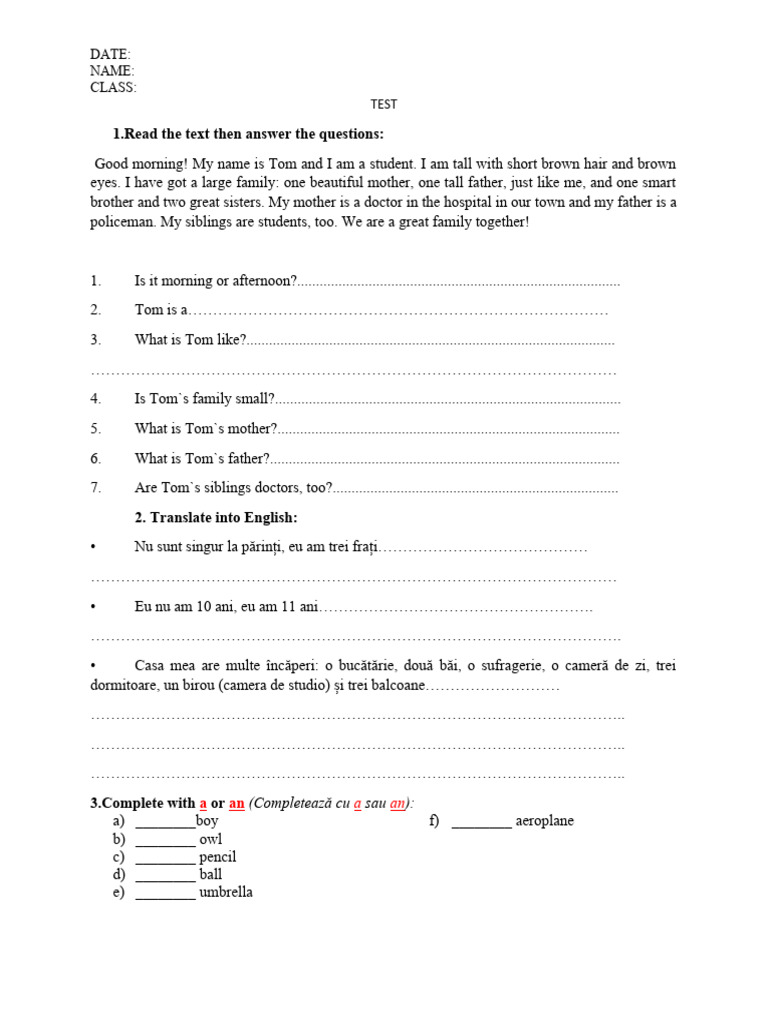 Test Clasa A 3-A | PDF