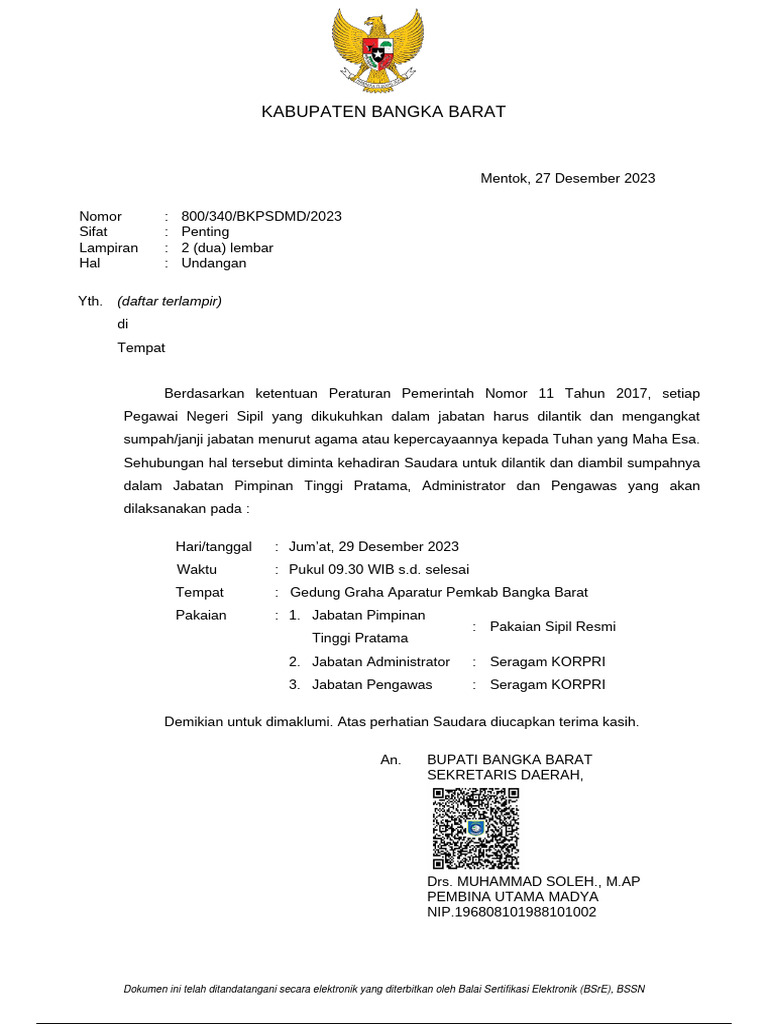 Contoh Format Undangan Pelantikan Pejabat | PDF
