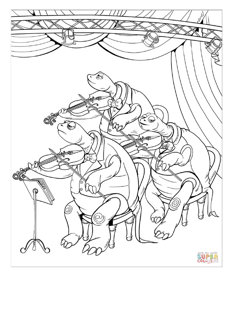 Turtles Playing Violin Coloring Page - Free Printable Coloring Pages | PDF