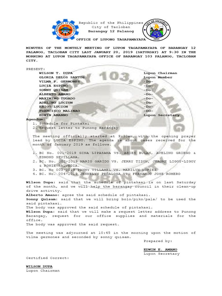 Lupon Minutes | PDF