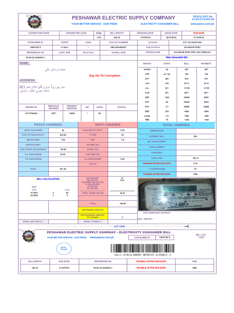 PESCO Electricity Bill Summary | PDF | Fee | Taxes