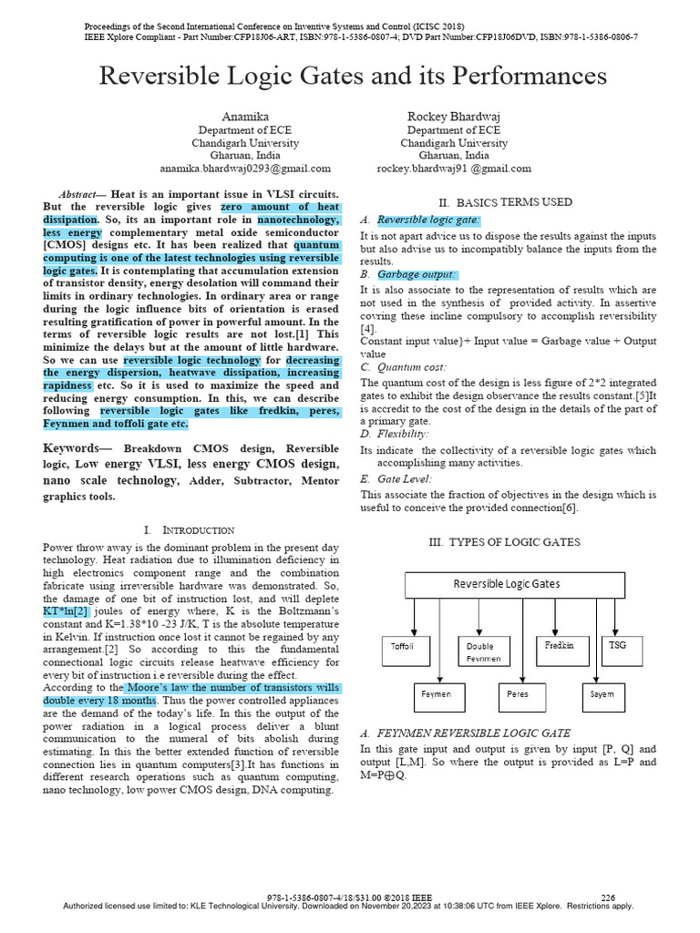 Reversible Logic Gates and Its Performances | PDF | Logic Gate | Cmos