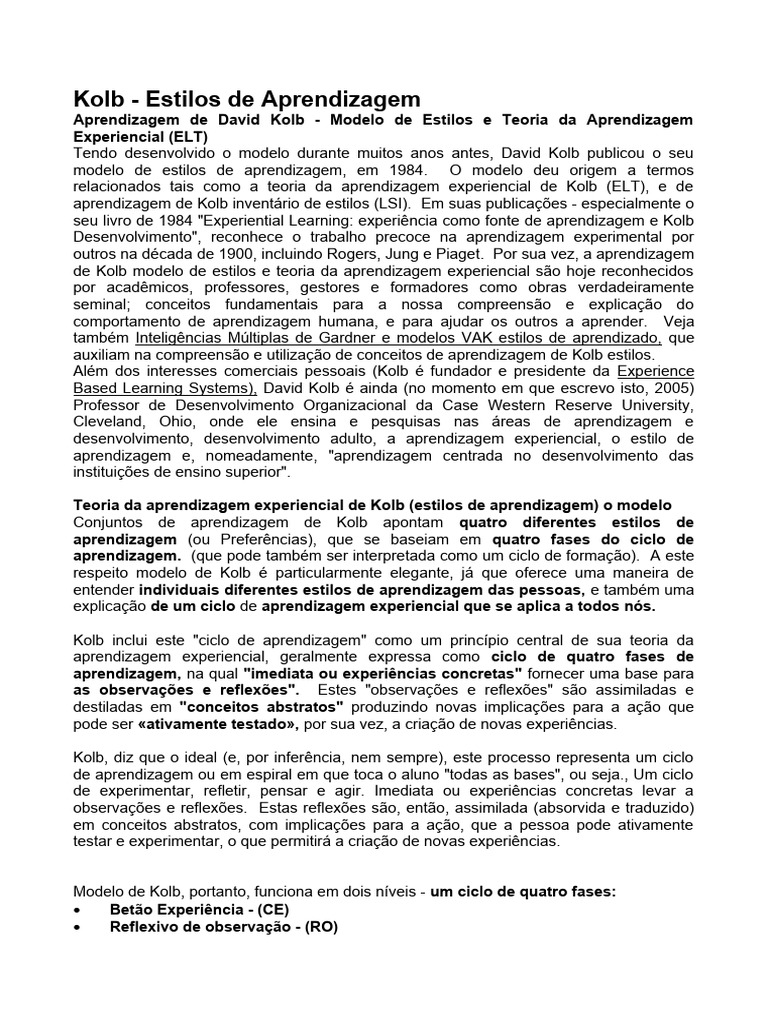 Kolb - Estilos de Aprendizagem | PDF
