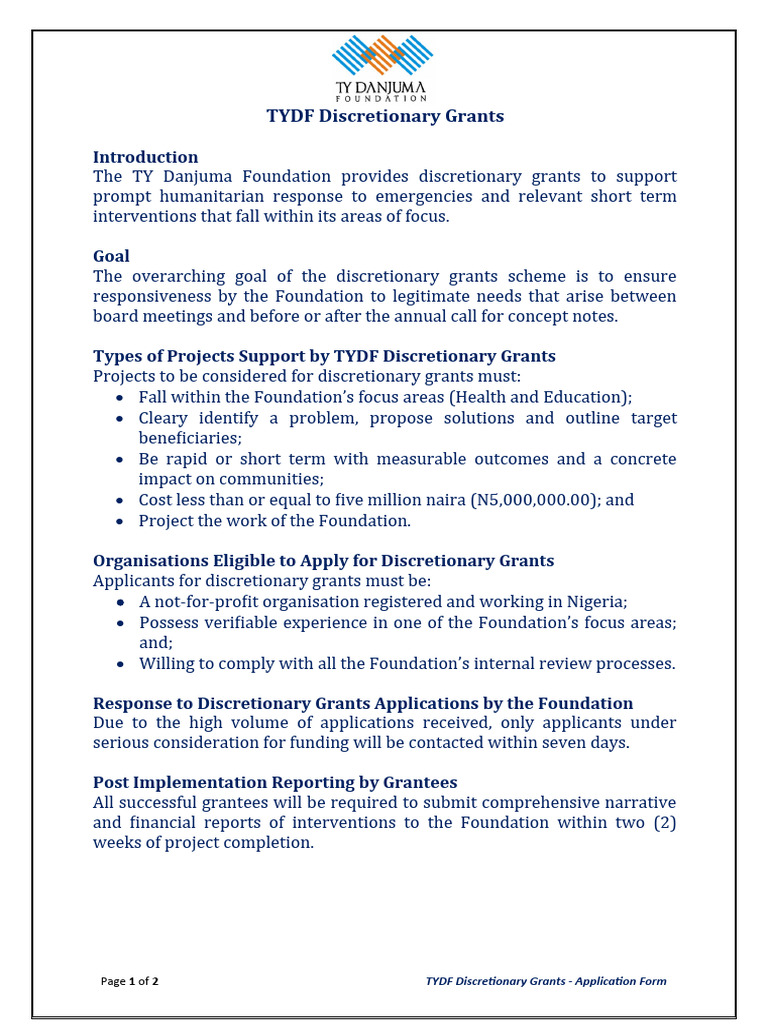 TY Danjuma Foundation Grant Application Guide | PDF