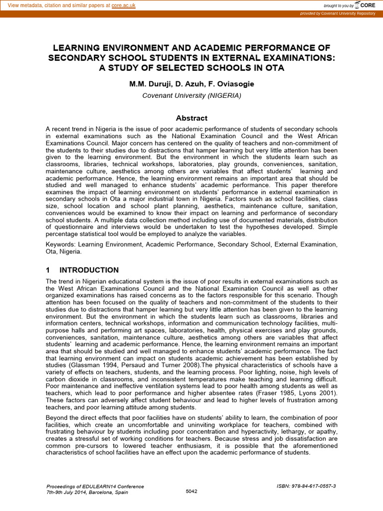 Learning Environment and Academic Performance of Secondary School ...