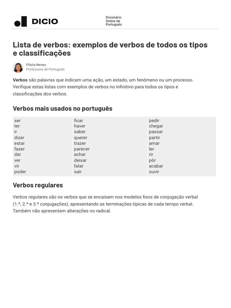Lista de Verbos - Exemplos de Verbos de Todos Os Tipos e Classifi | PDF ...