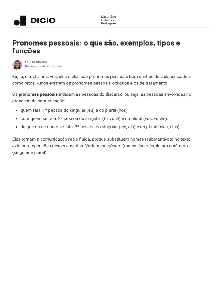 Pronomes Pessoais - o Que São, Exemplos, Tipos e Funções - Dicio | PDF