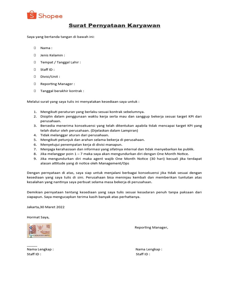 Surat Pernyataan Karyawan Tetap-Kontrak Probation | PDF