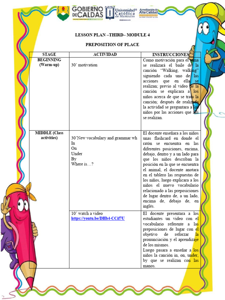 LESSON PLAN Preposition of Place 2° | PDF