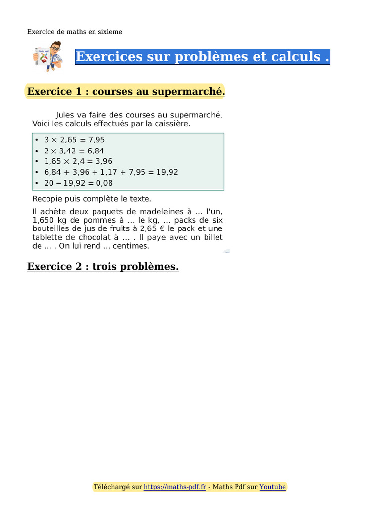 Problèmes de maths pour 6ème avec corrigés | PDF