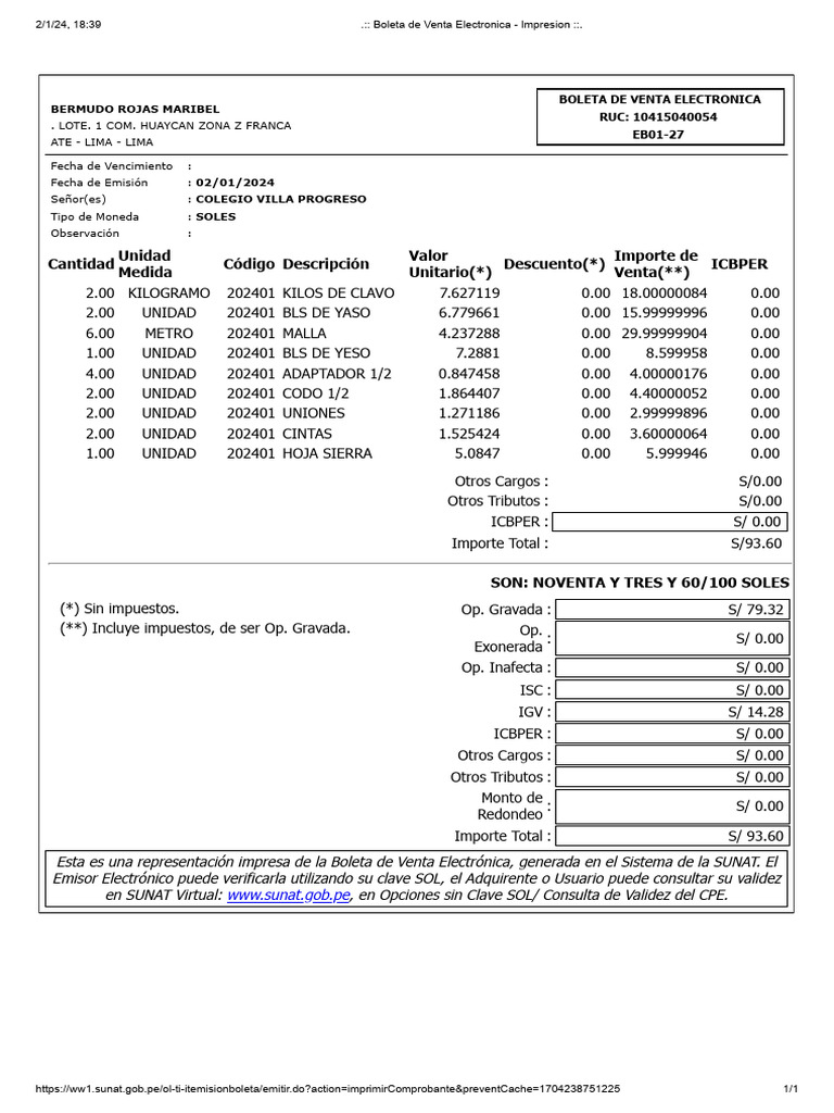 Boleta de Venta Electrónica SUNAT 2024 | PDF
