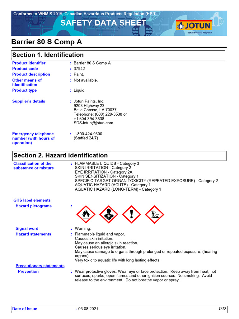Jotun Barrier 80 S Safety Data Sheet | PDF | Toxicity | Safety