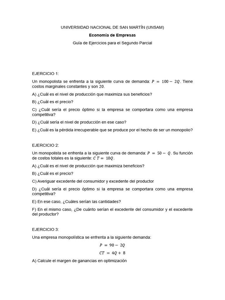 Guía Ejercicios Segundo Parcial | PDF | Monopolio | Excedente económico