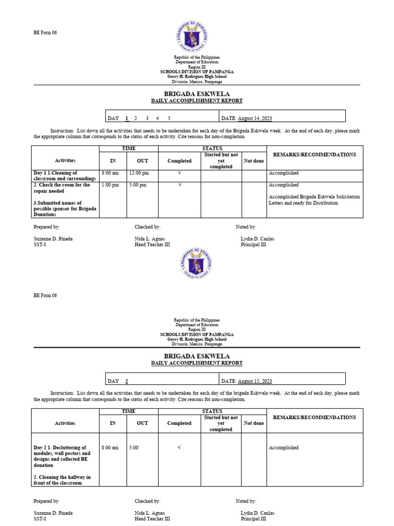 BE-Form-6-DAILY-ACCOMPLISHMENT-REPORT_SUZANNE-PINEDA-2023 | PDF
