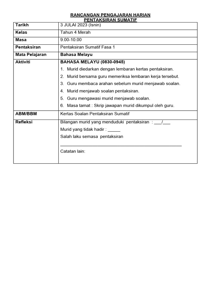 Contoh RPH Peperiksaan - Ulangkaji + Exam | PDF