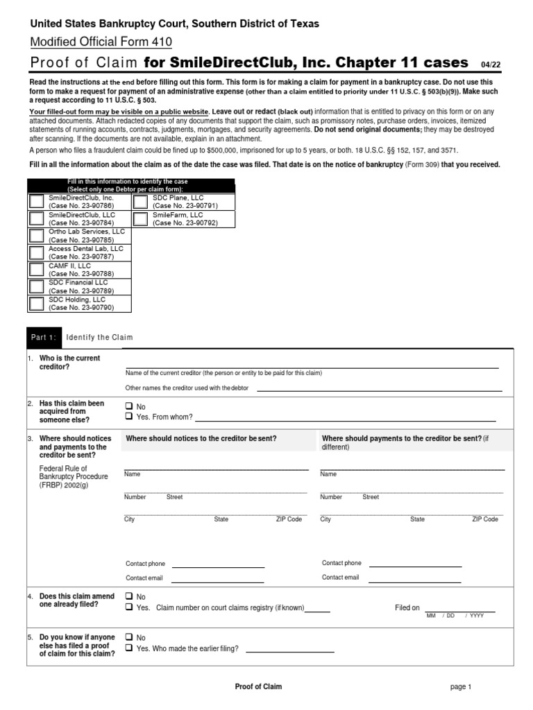 Proof of Claim for SmileDirectClub Bankruptcy | PDF | Bankruptcy ...