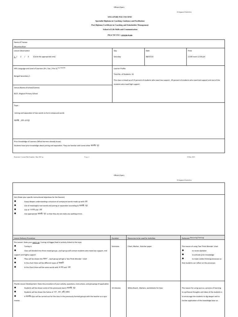 Practicum 1 - Lesson Plan - SD PDC1 - 24 June 2023 | PDF | Learning ...