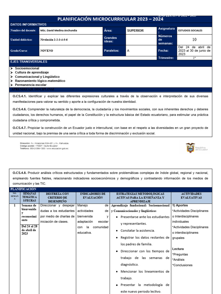 10 Semanas Planificacion 9no | PDF