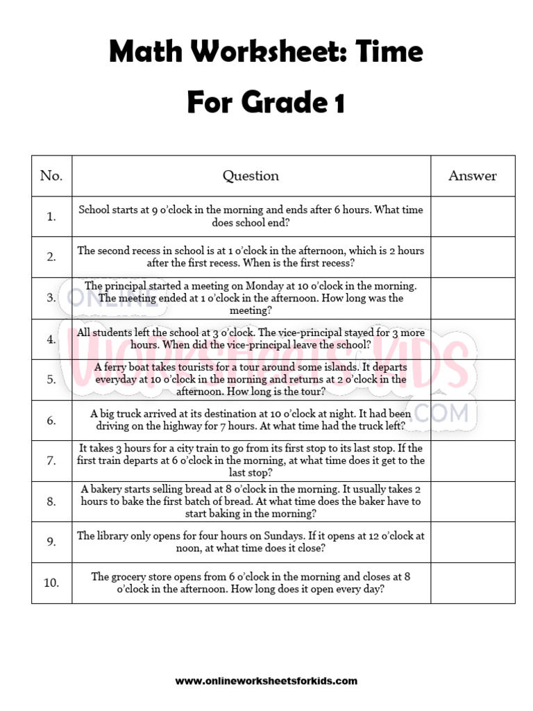 Time Word Problem Worksheets for grade 1-1 | PDF