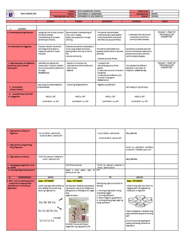 DLL - Mapeh 4 - Q2 - W6 | PDF