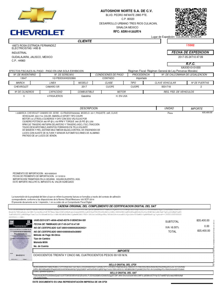 FACTURA Chevrolet CAMARO | PDF