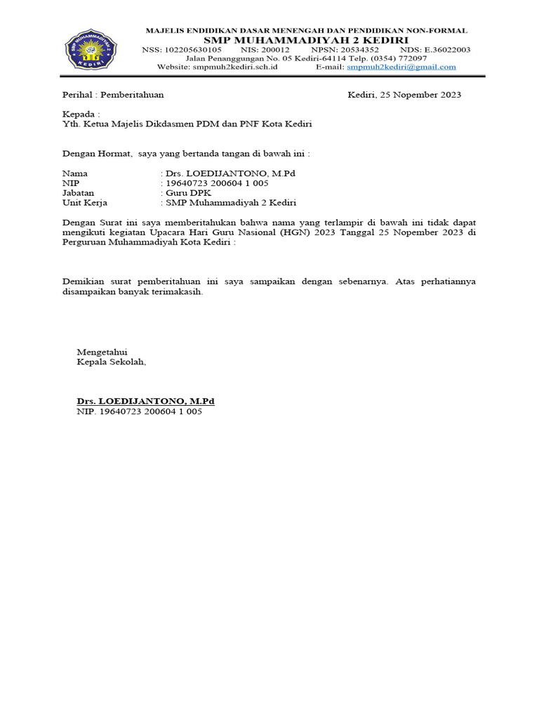 Surat Izin Tidak Ikut Upacara HGN | PDF